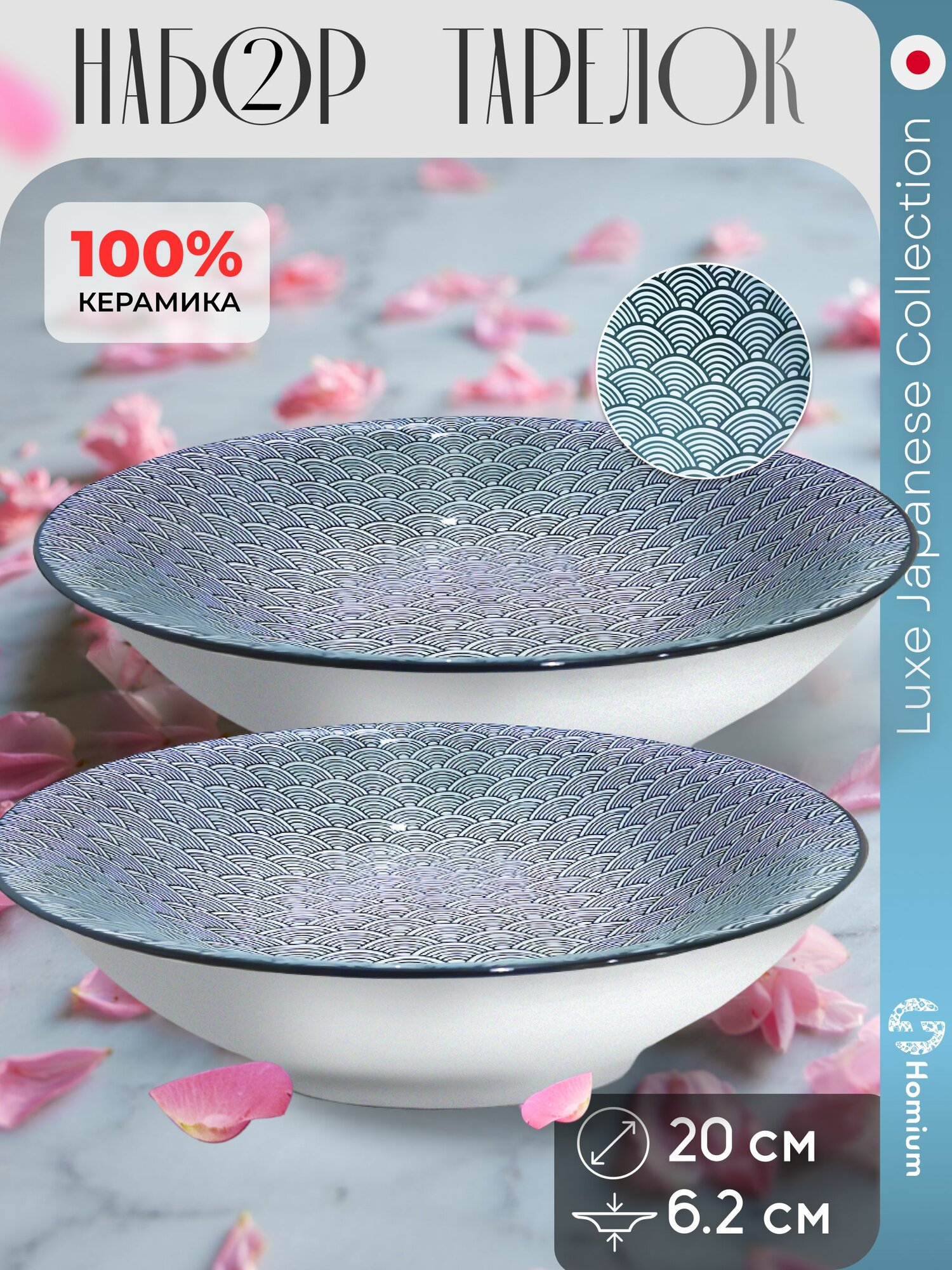 Набор столовой посуды тарелки суповые глубокие салатники Homium, Japanese Collection, Ультрамарин, D 20 см, 2 шт