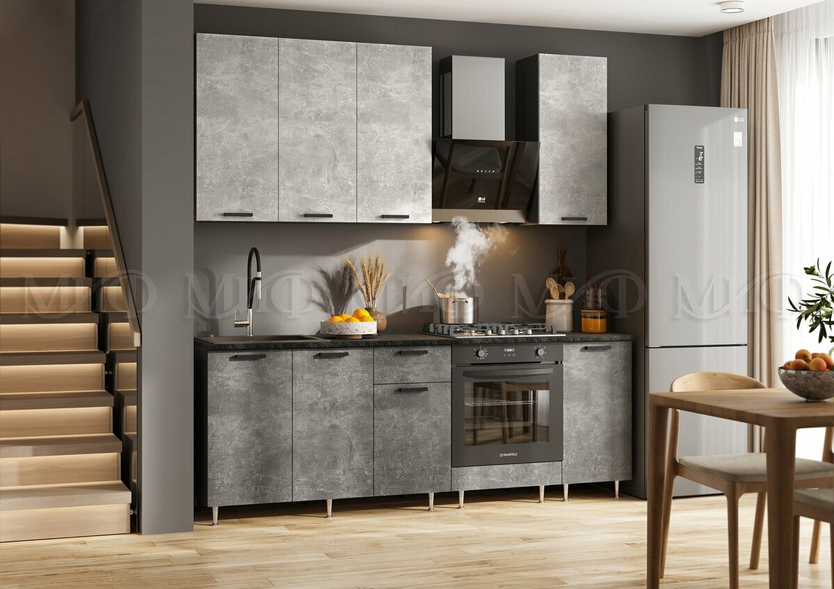 Кухня высокая Миф Рио NEW 2,2/900м (490) Компановка №2 ЛДСП Бетон светлый/Бетон темный, Графит/ Кастилло темный
