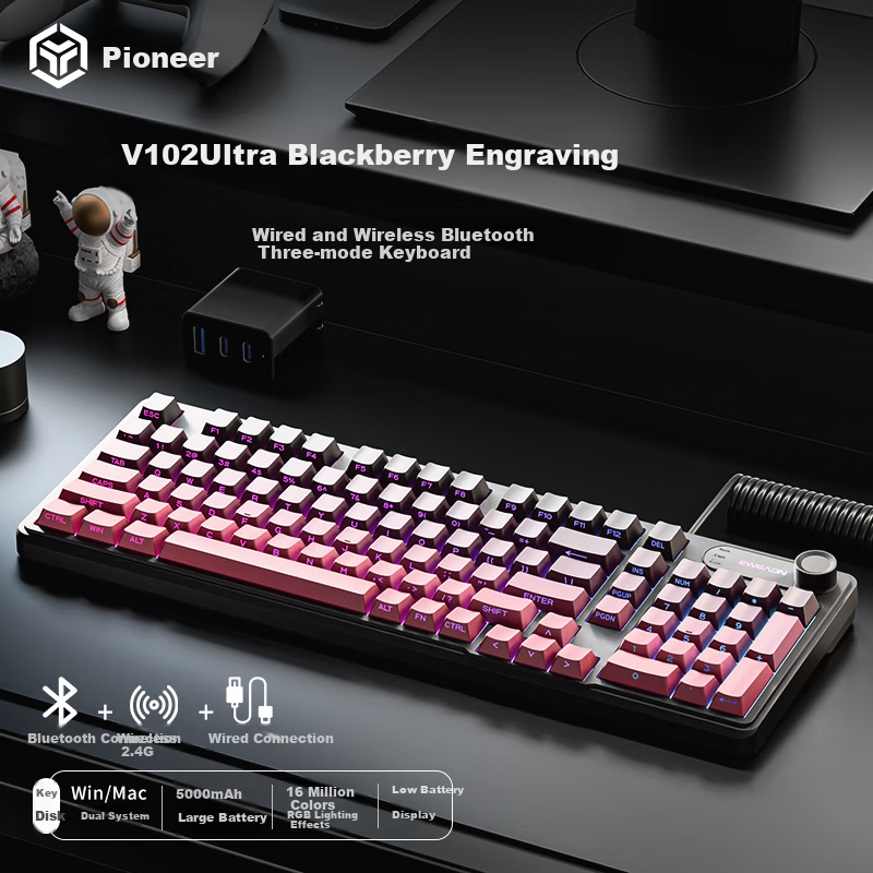 Pioneer V102Ultra Wireless Keyboard Bluetooth Wired Three Modes with Screen Mechanical Feel Silent Office Portable Membrane Keyboard Computer Laptop Tablet iPad Universal BlackBerry