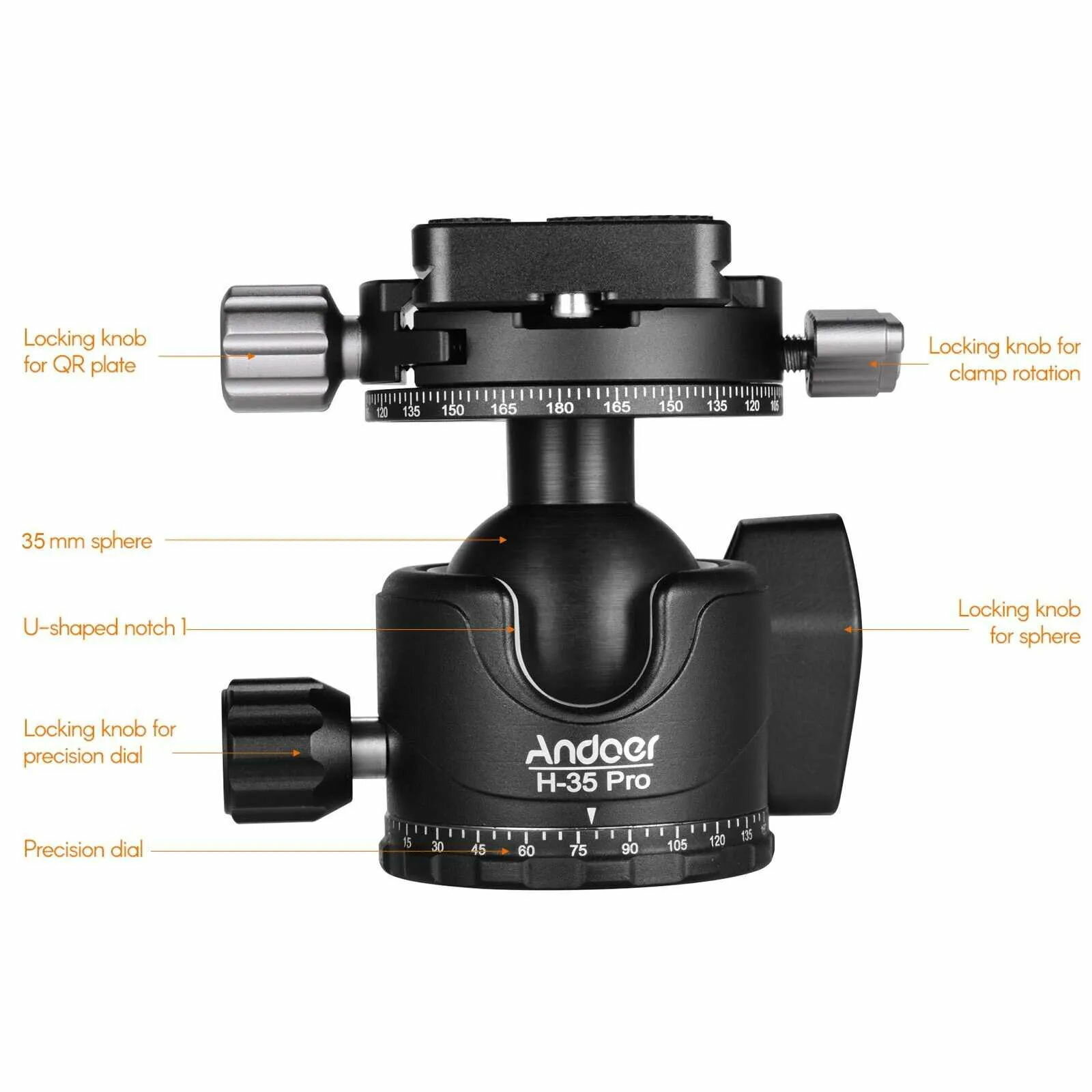 Andoer H-35 Pro Panorama Шарнирная головка Адаптер для крепления на штатив с шаровой головкой Низкотяжелый центр с двойной панорамной шкалой U-образный паз Алюминиевый сплав Макс. грузоподъемность 15 кг/33 фунта