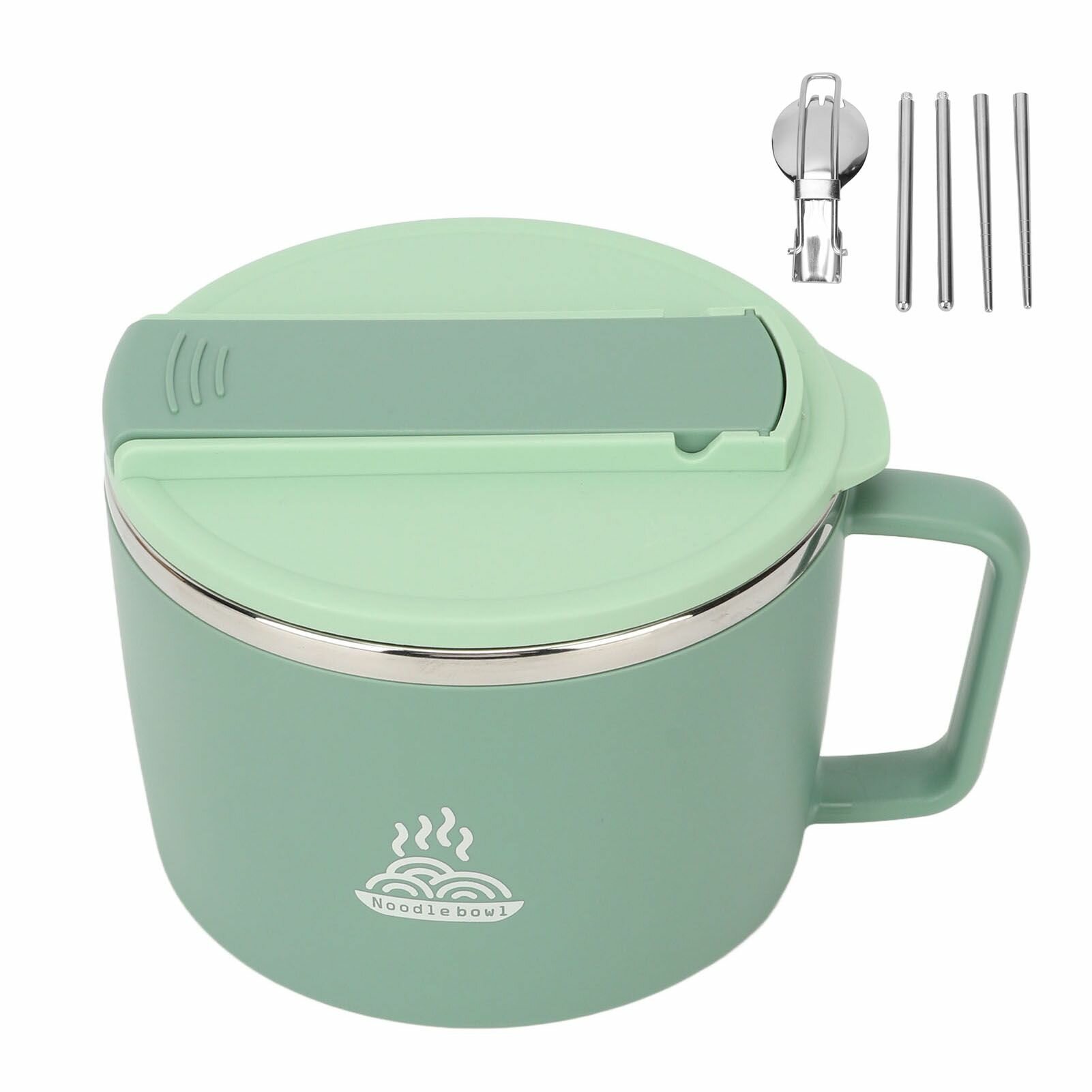 Миска для лапши из нержавеющей стали объемом 1200 мл с крышкой, портативная миска для приготовления лапши рамэн с палочками и вилкой для офисного использования