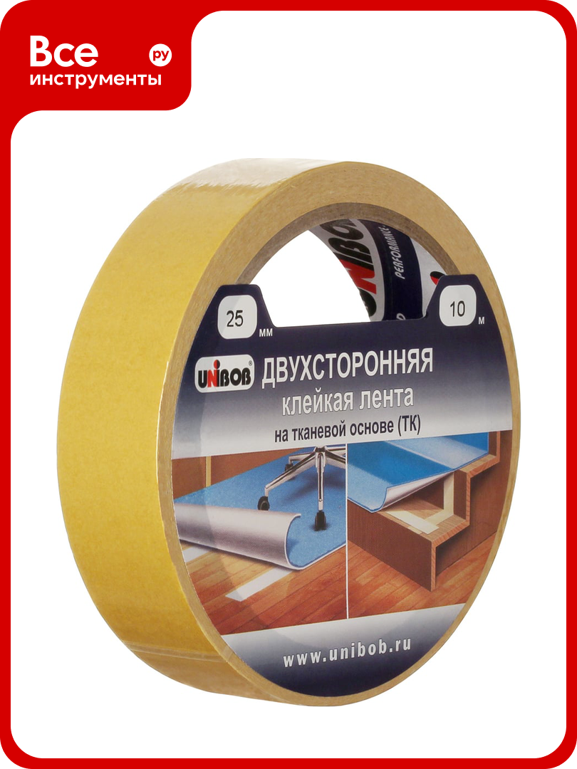 Двухсторонняя клейкая лента UNIBOB тканевая 25 мм х 10 м 214988