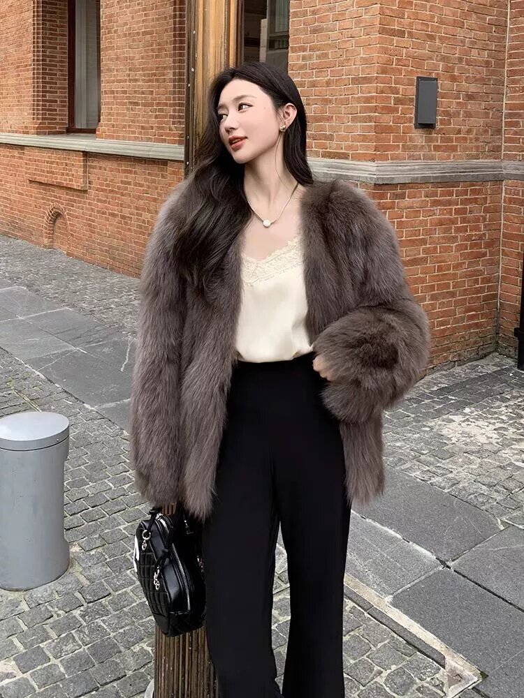 Экологически чистая шуба из меха лисы средней длины, зимняя шуба 2025 года, высококачественная, плотная, теплая, для женщин.