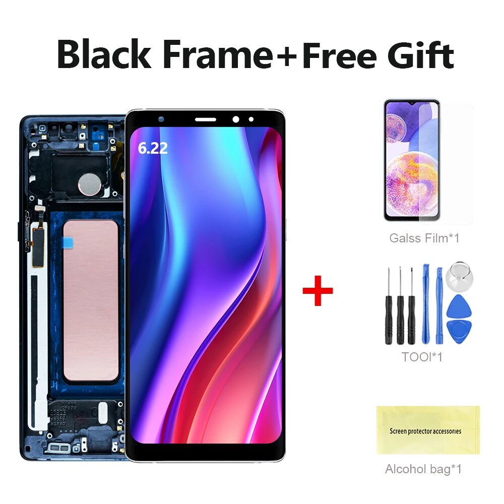 100% протестированный 6,22-дюймовый AMOLED для Samsung Galaxy Note8 N950F N950U, сенсорный экран с рамкой и дигитайзером в сборе, замена OLED6.22 Black Frame