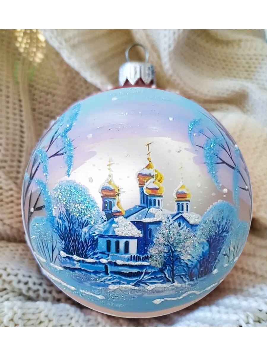 Елочный шар Коломеев "Пейзаж Морозный", ручная роспись, 10 см