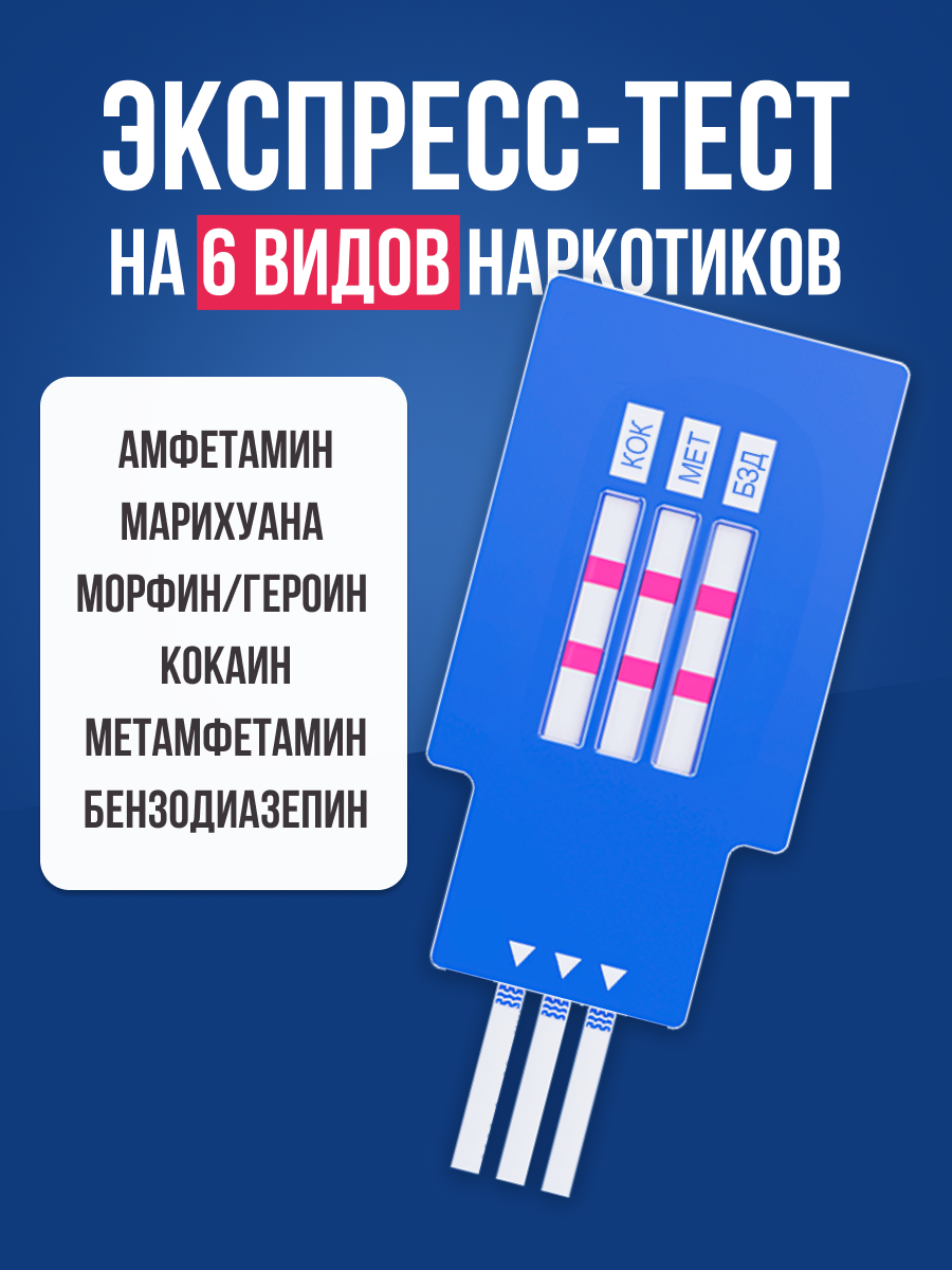 Экспресс-тест на 6 видов наркотиков, 1 шт. марихуаны, морфина, амфетамина, метамфетамина, кокаина, бензодиазепина,