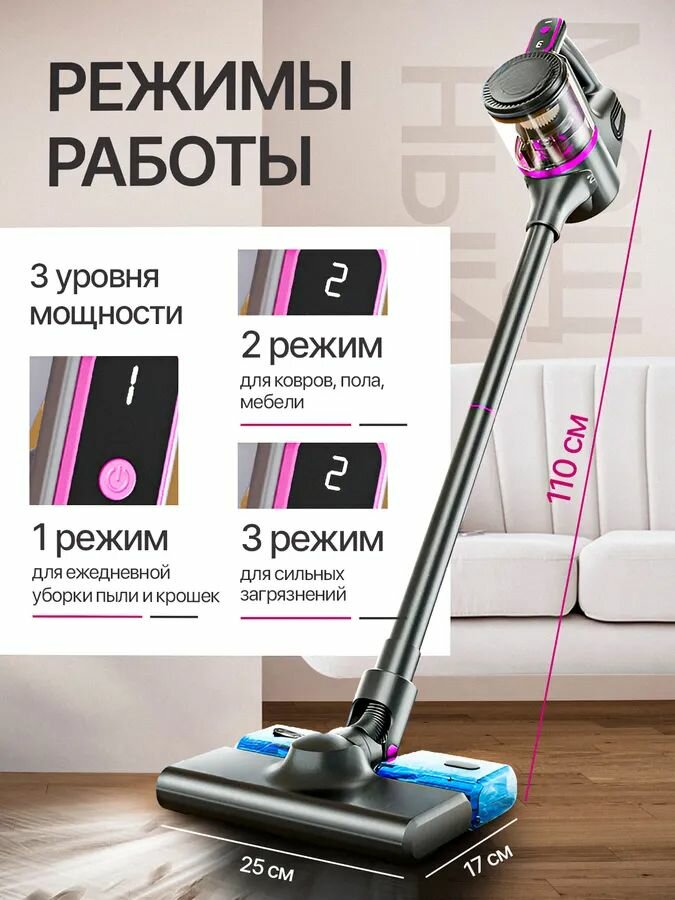 Пылесос , вертикальный, беспроводной, 2500 Вт, с турбощеткой, HB-801 серый 【бесщеточный 14000pa】