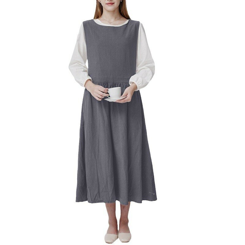 Платье-фартук из хлопка в японском стиле с круглым вырезом и широкими бретелями, свободные женские фартуки без рукавов, длинная блуза для выпечки, кафе, нейл-арта или работы в студии – серый