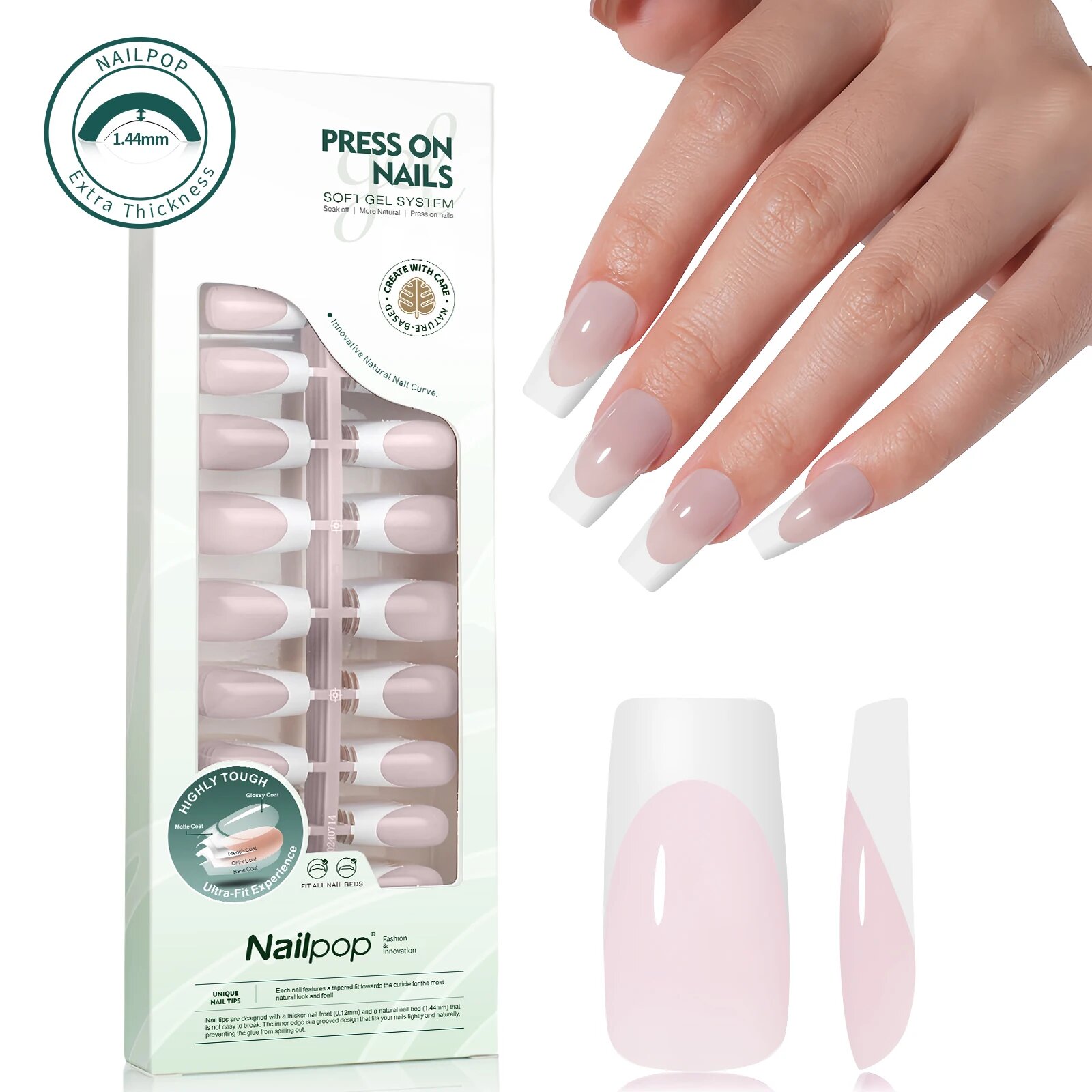 Nailpop Пресс-он ногти французский маникюр акрил 140 шт FT-Square 02