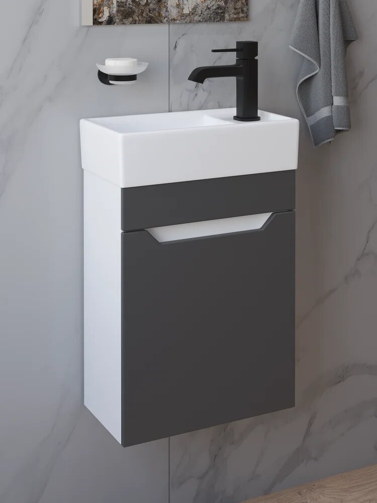 Тумба с раковиной DIWO Архангельск 40 подвесная, 41 см, серая, белая, матовая, из МДФ, с дверками, раковина для ванной фаянсовая, прямоугольная, с сифоном