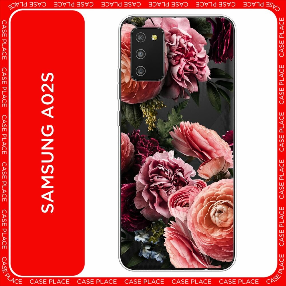 Чехол на Samsung Galaxy A02s / Самсунг Галакси A02s с принтом "Бордовые винтажные цветы", прозрачный