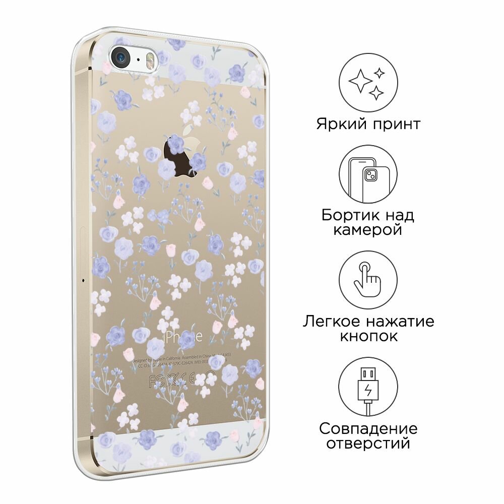 Чехол на Apple iPhone 5/5S/SE / Айфон 5/5S/SE с принтом "Сиреневые розы паттерн", прозрачный — фото 1