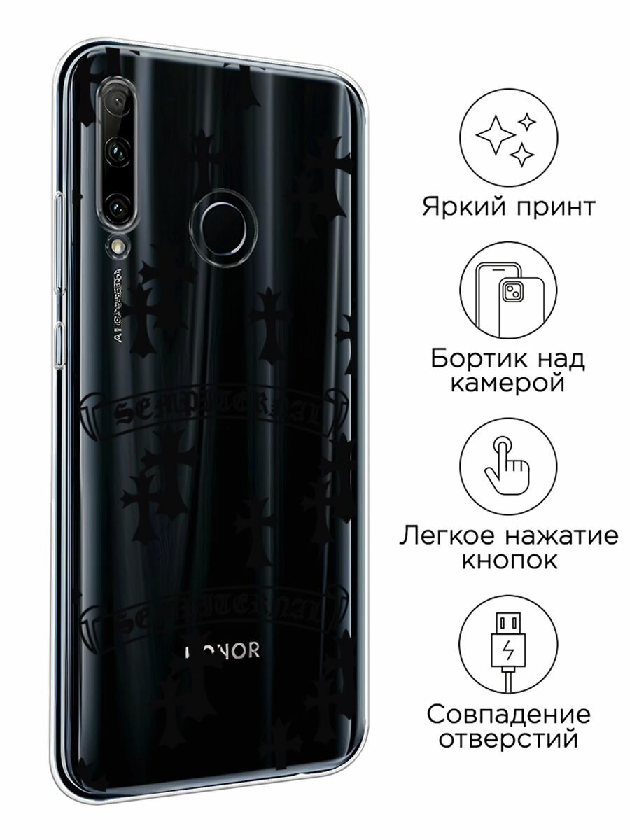 Чехол на Honor 10i/20 Lite 2019/20e/Huawei P Smart Plus 2019 / Хонор 10i с принтом "Кресты паттерн чёрный", прозрачный — фото 1