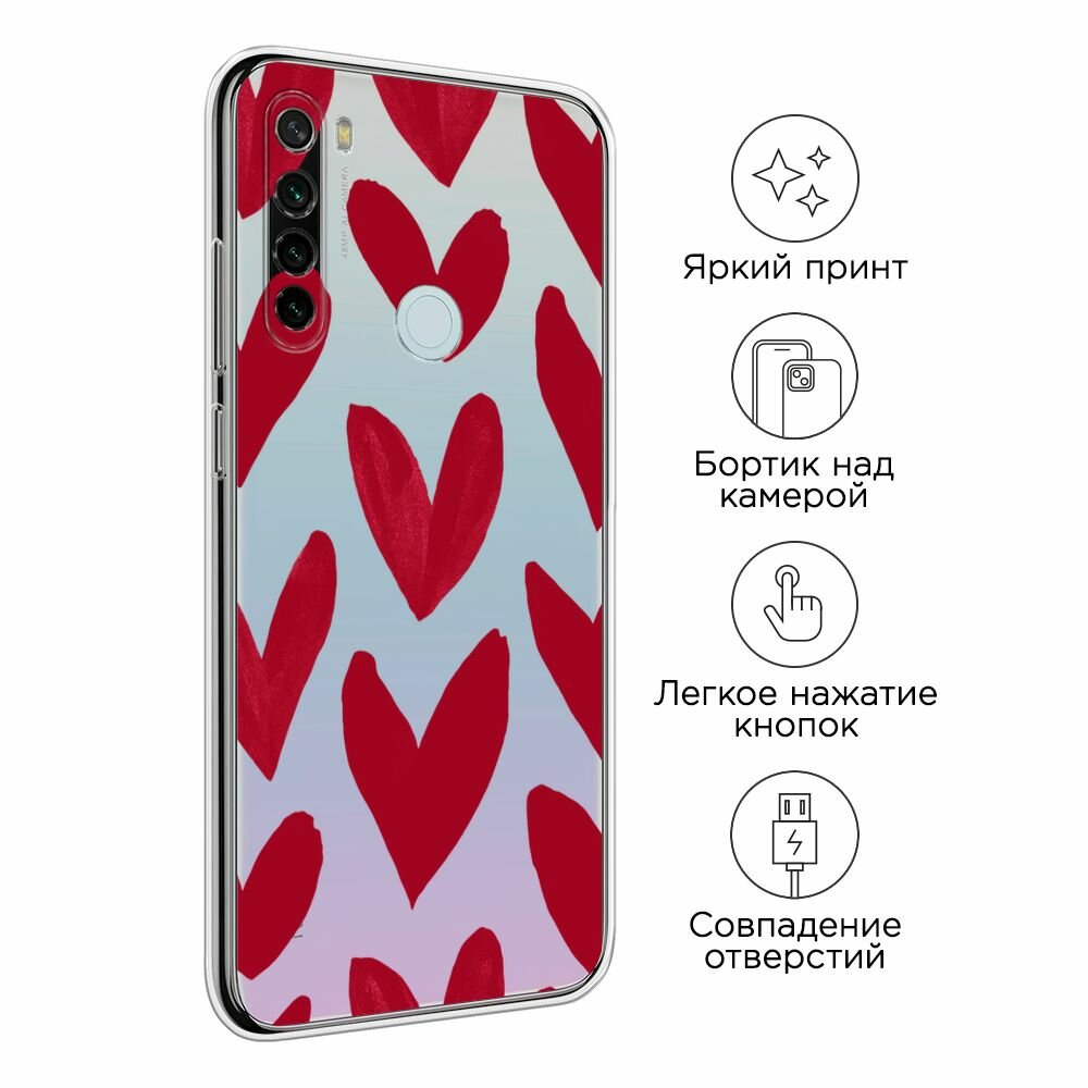 Чехол на Xiaomi Redmi Note 8T / Сяоми Редми Нот 8Т с принтом "Красные сердечки рисунок - 14 февраля", прозрачный — фото 1