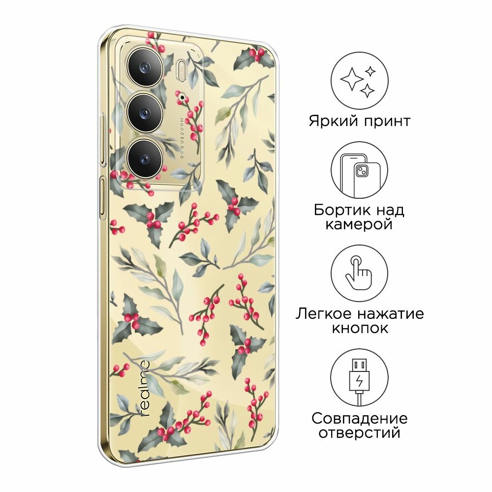 Чехол на Realme C75 4G / Реалми C75 4G с принтом Зимние ягоды паттерн, прозрачный — фото 1