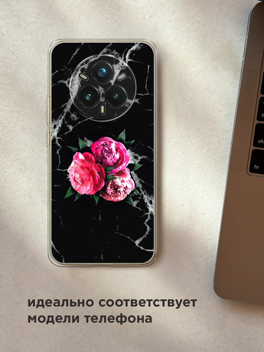 Чехол на Realme 14 Pro+ / Реалми 14 Про+ с принтом "Букет на черном мраморе" — фото 1