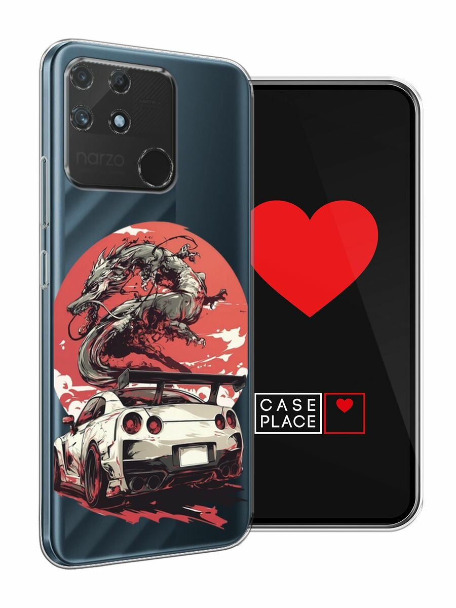 Чехол на Realme Narzo 50A / Реалми Нарзо 50A с принтом "Car and dragon", прозрачный — фото 1