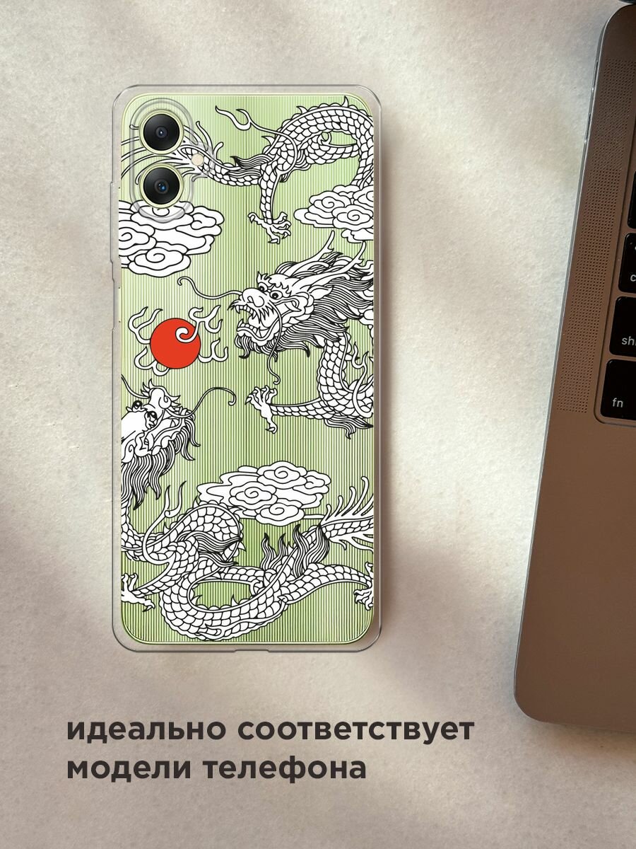 Чехол на Samsung Galaxy A06 / Самсунг Галакси А06 с принтом "Драконы и Солнце", прозрачный — фото 1