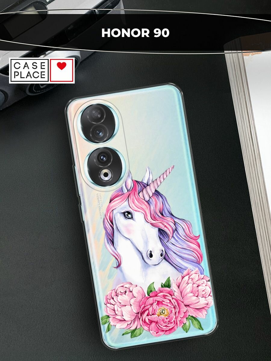 Чехол на Honor 90 / Хонор 90 с принтом "Единорог с пионами", прозрачный