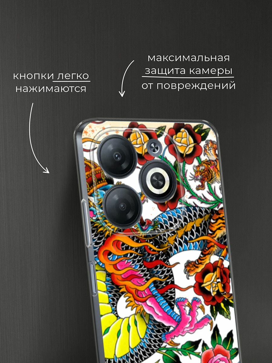 Чехол на Infinix Smart 8/8 HD/HOT 40i / Инфиникс Смарт 8/8 HD/HOT 40i с принтом "Дракон в цветах" — фото 1