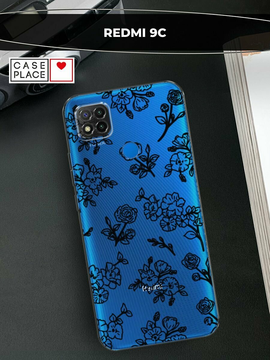 Чехол на Xiaomi Redmi 9C / Сяоми Редми 9C с принтом "Черные розы паттерн", прозрачный