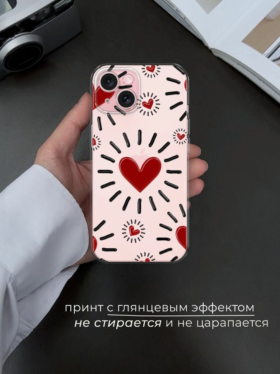 Чехол на Apple iPhone 15 / Айфон 15 с принтом "Бордовые сердца паттерн" — фото 1