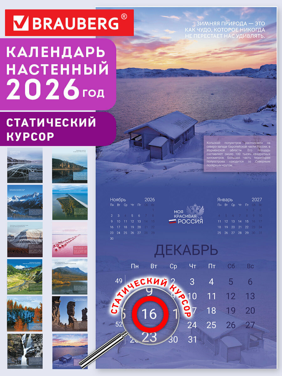 Календарь настенный на 2026 год перекидной, 12 листов, 28,5х28,5 см, Brauberg Природа России, 116926
