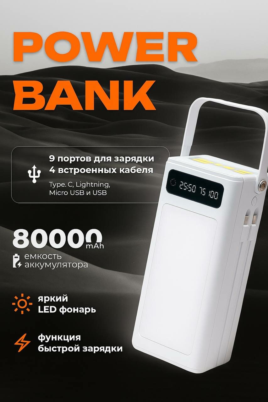 Повербанк с быстрой зарядкой + Освещение / Повербанк 80000mah / Внешний аккумулятор Power Bank