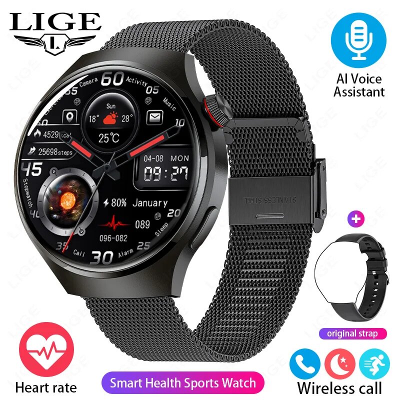 LIGE Умные часы мужские, Mesh Black