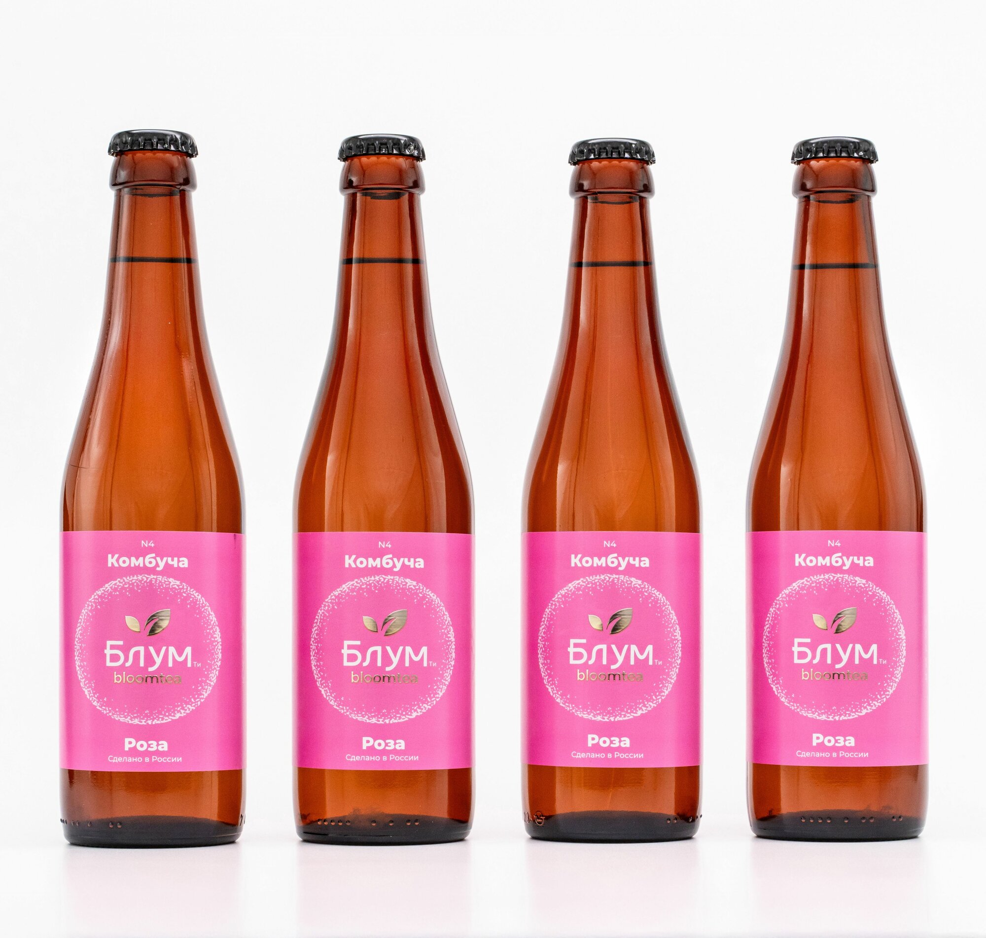 Комбуча, чайный гриб, Блум BLOOMTEA, PREMIUM, роза, непастеризованная, без ароматизаторов, сет, 4х0,33л