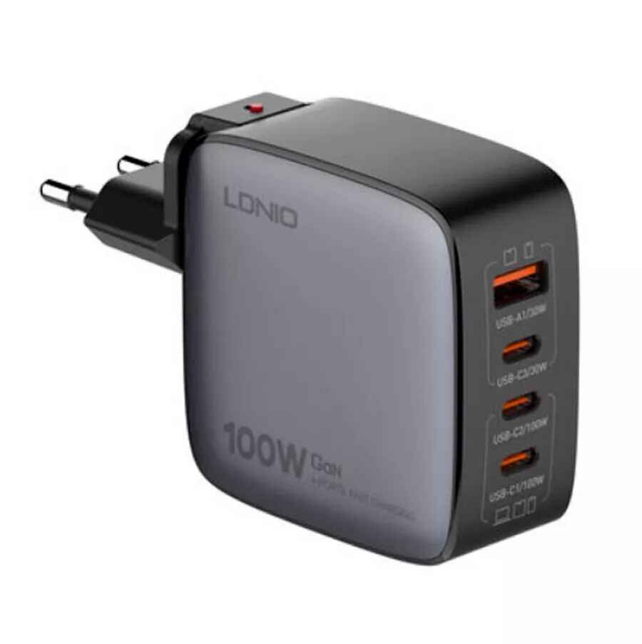 Блок питания LDNIO Q408 на 1*USB+3*USB Type-C, GaN, PD+PPS+VOOC+QC 3.0, 3.3-20V, max 100W (220В), черный