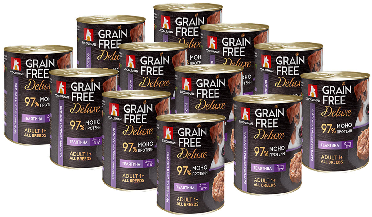 Корм влажный Зоогурман Grain Free Deluxe беззерновые для взрослых собак, с телятиной, 350 г х 12 шт