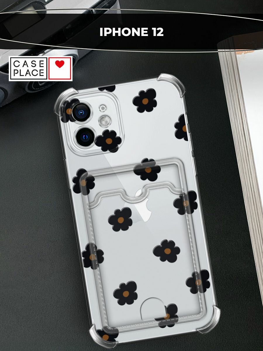 Чехол на Apple iPhone 12 (Айфон 12) с картой и принтом Темные цветочки паттерн