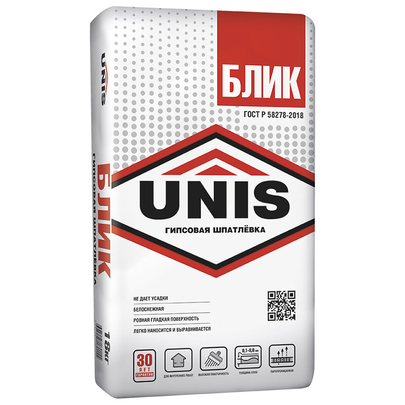 Шпаклевка финишная гипсовая Unis Блик белая 18 кг