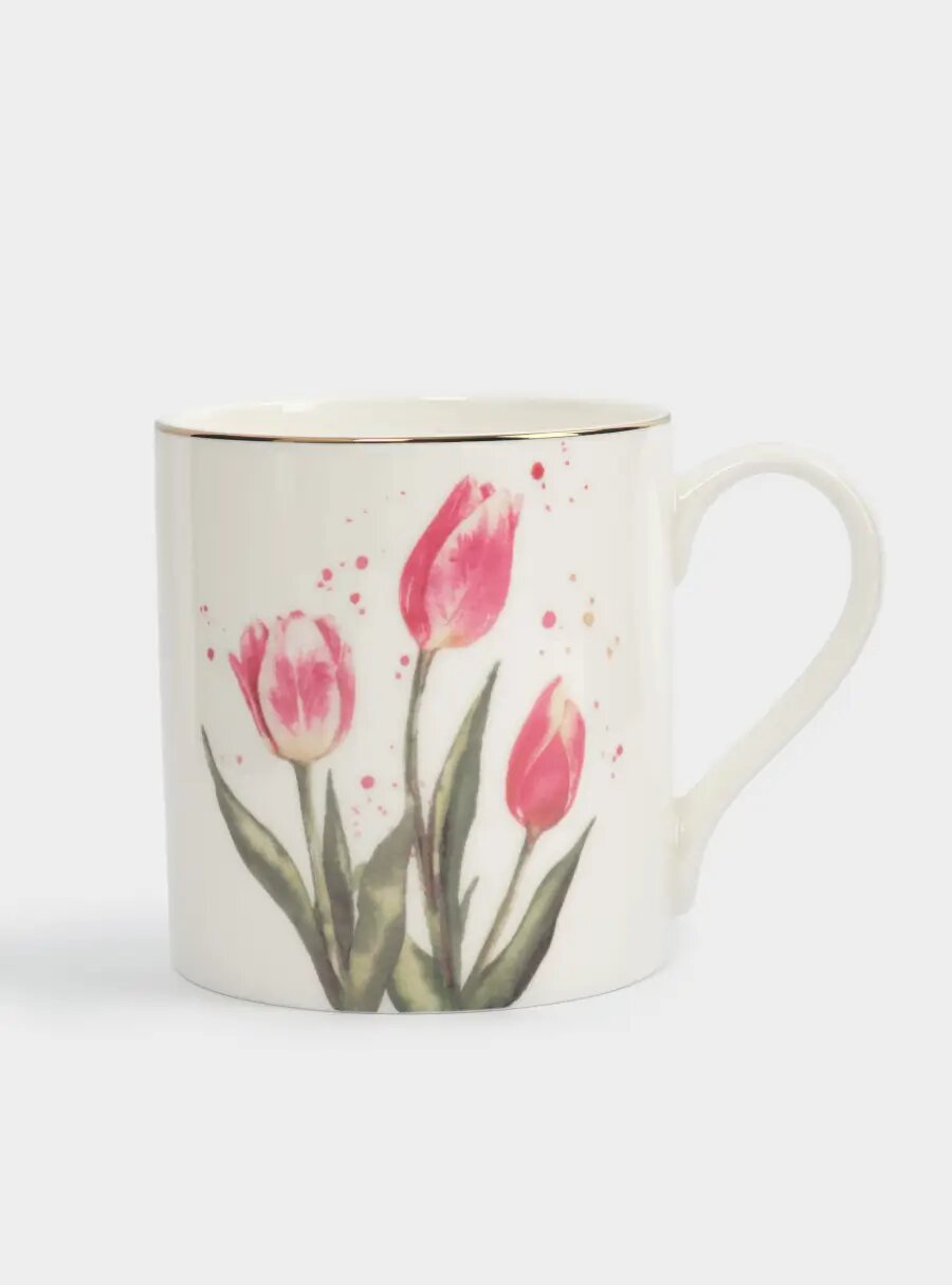 Кружка, 380 мл, фарфор F, белая, с золотистым кантом, Тюльпаны, Giardino