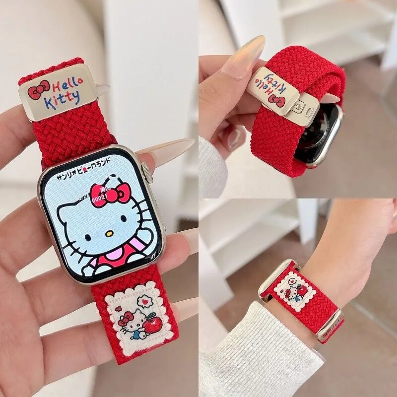 Плетеный ремешок для часов Sanrio Hello Kitty, для Apple Watch 38 мм/40 мм/41 мм/44 мм/49 мм, изготовлен из нейлона, совместим с iWatch Series SE/7/5/6/8/9/Ultra 2.