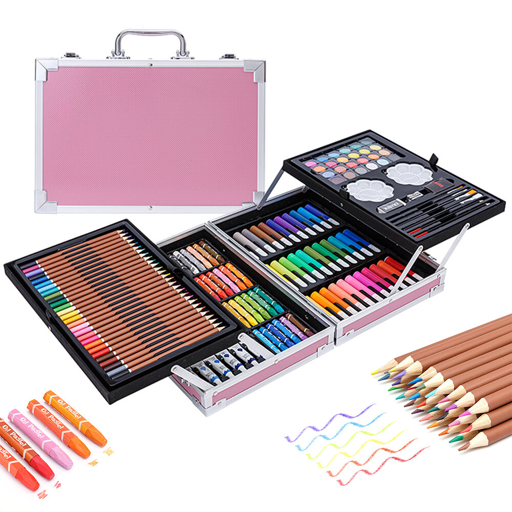 Набор для творчества 145 деталей с алюминиевым кейсом: водные маркеры, палитра, кисти, карандаши, масляные пастели, ластики, точилка, яркие цвета, для начинающих, цвет кейса розовый, синий, желтый (выбор), размер упаковки 34.5x23x9см, вес 2.2кг