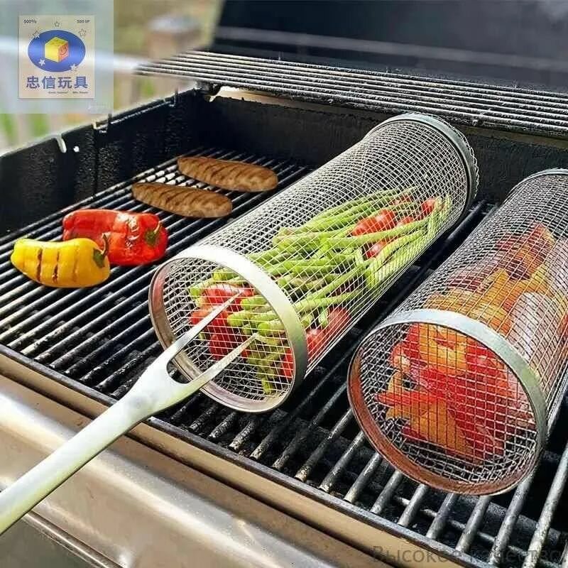 HMNКруглый гриль из нержавеющей стали, стойка для барбекю для кемпинга для овощей, картофеля фри, рыбы(размер 30x9x9 / 21x9x9 см)