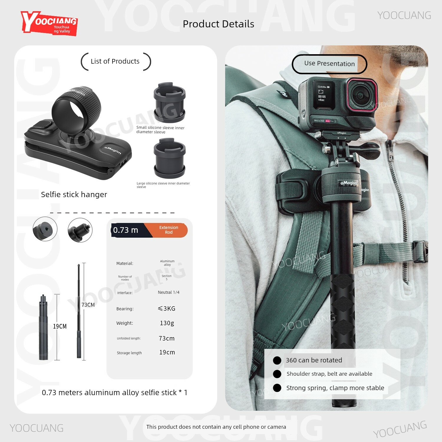 Регулируемый крепеж для рюкзака для камер Insta360 X5/X4 и DJI Action 5/4 с металлическим шестом длиной 1.2 м