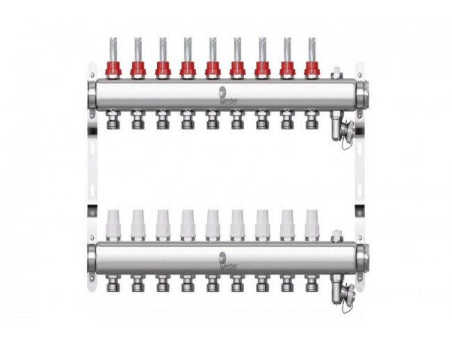 Коллекторная группа 1" из нерж. стали на 9 выходов 3/4"ЕК с расходомерами, коллектор W902 в сборе, Wester 0-32-1845