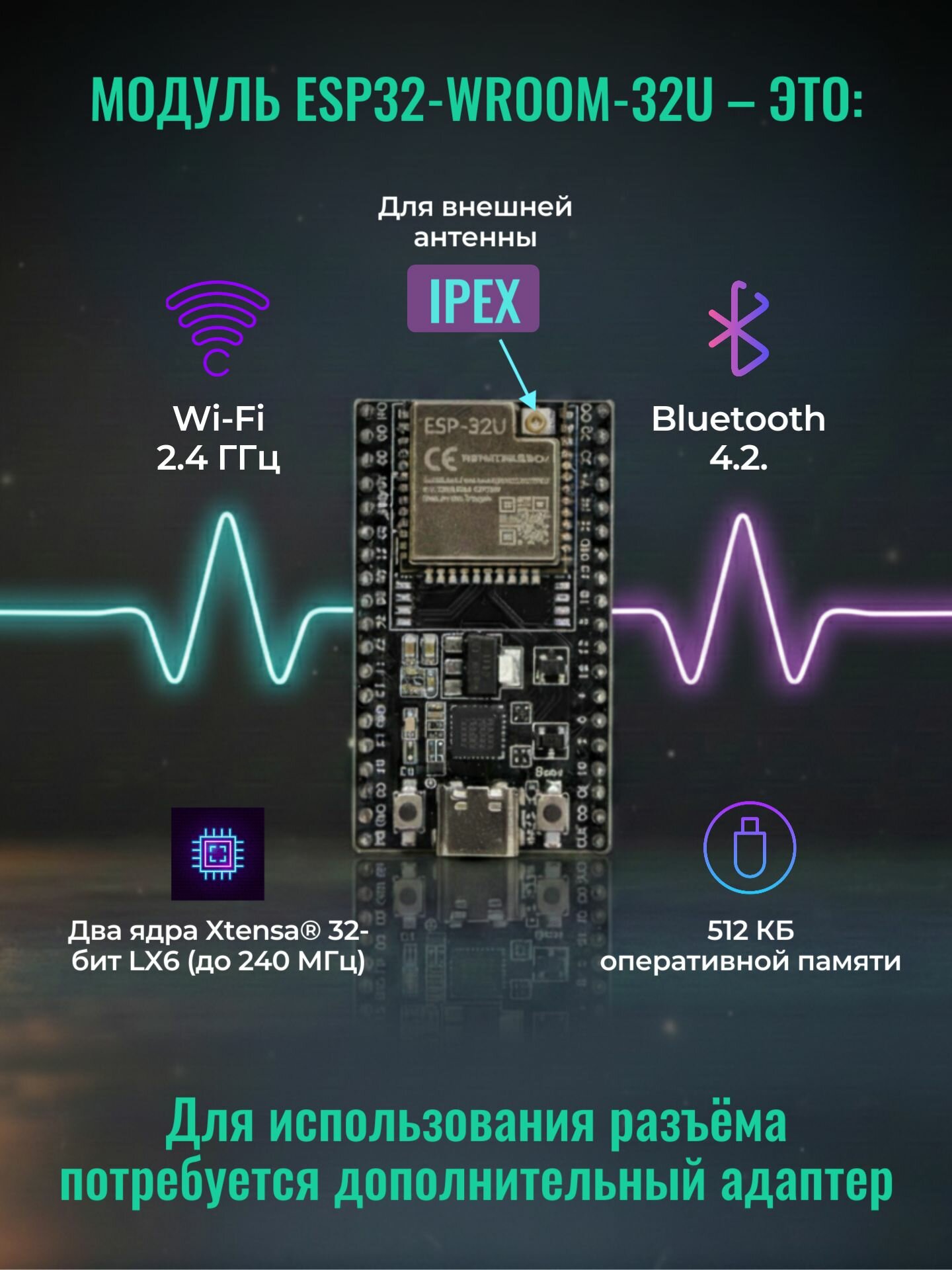 Плата ESP32 DevKitC V4 c модулем ESP WROOM-32U — фото 1