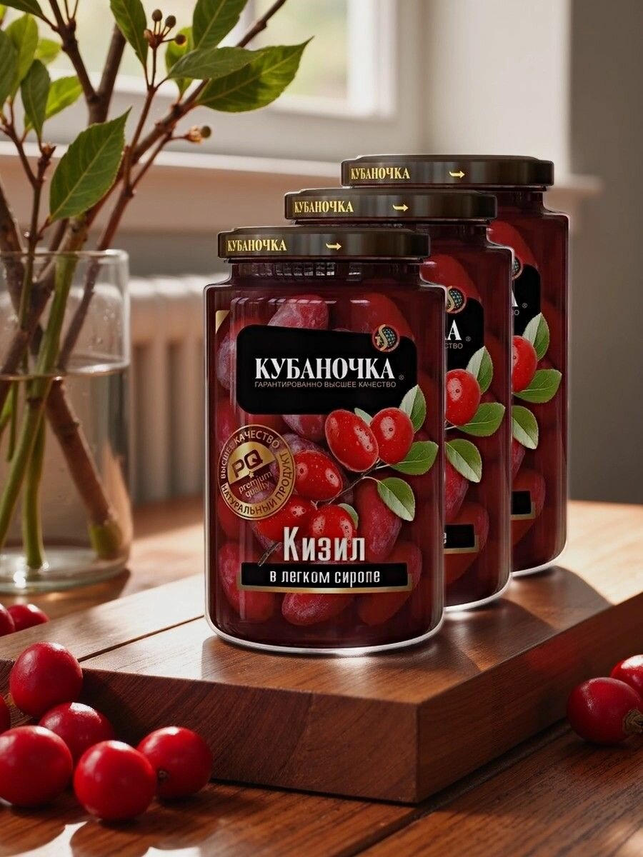 Кубаночка "Кизил в сиропе" 540 г. (Набор из 3 банок)