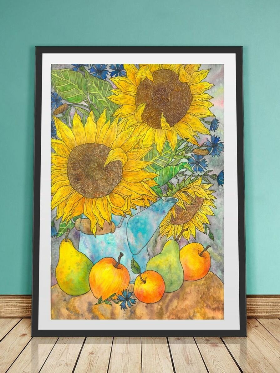Картина акварель для интерьера "Букет подсолнухов" Картина с цветами для дома