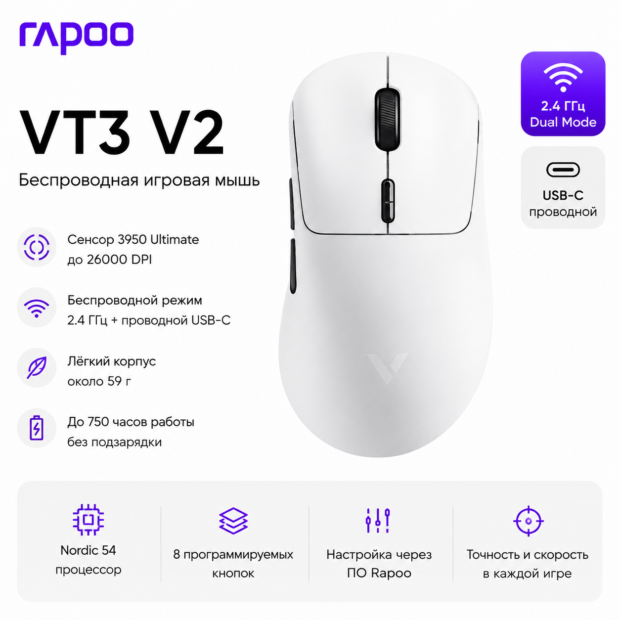 Двухрежимная беспроводная игровая мышь Rapoo VT3V2 для ПК, белый