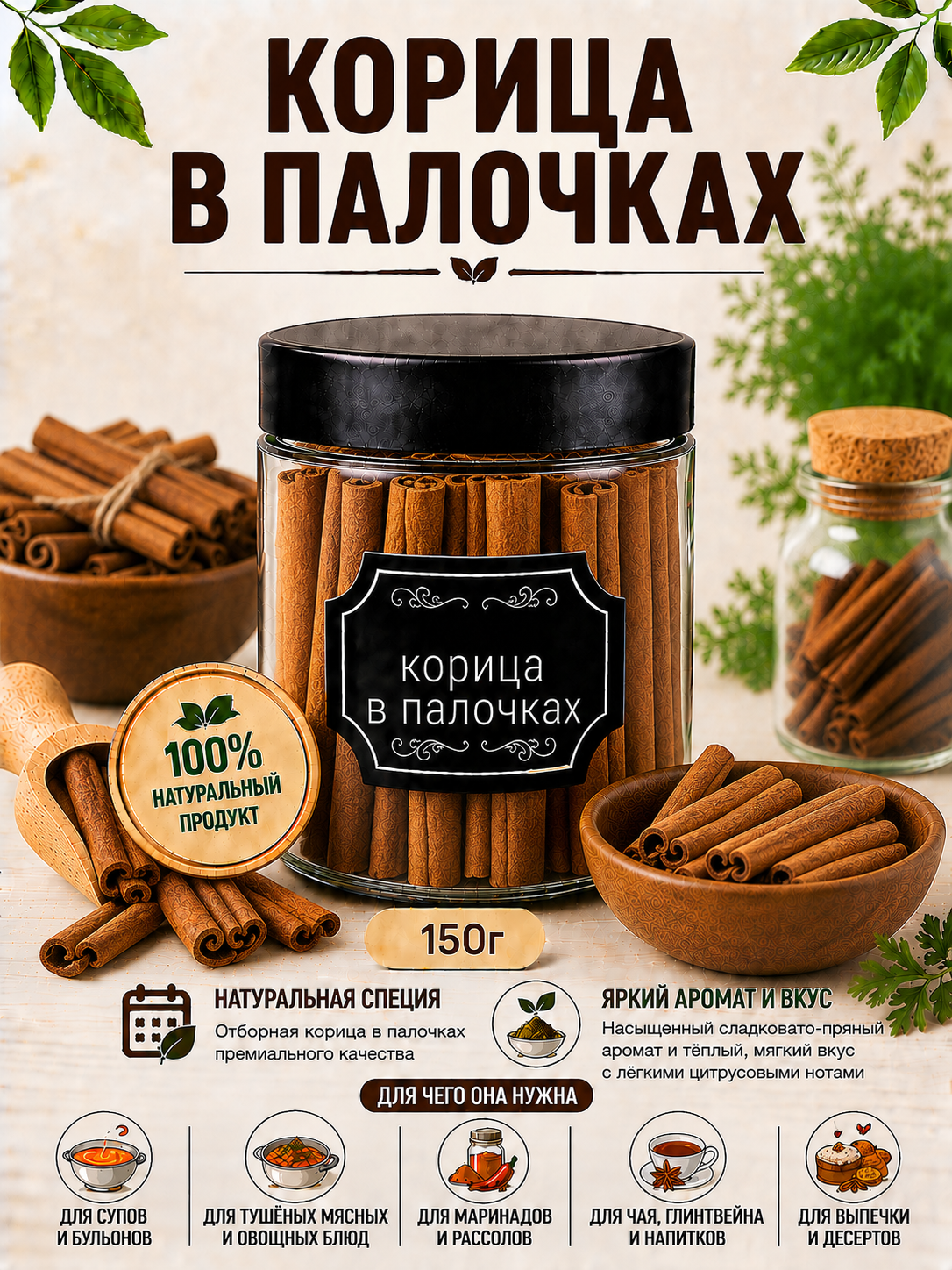 Корица в палочках натуральная, Индия, 150г