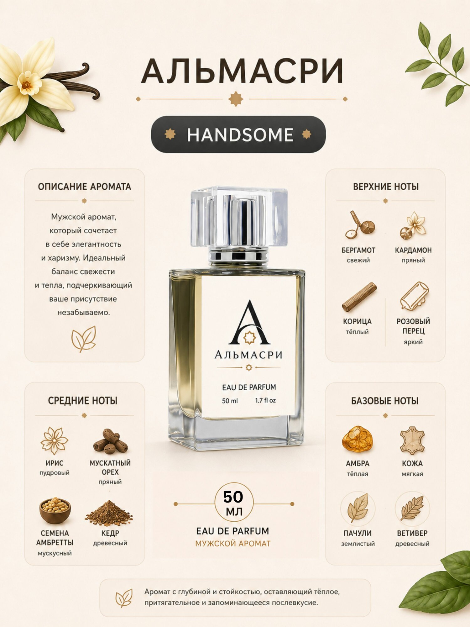 Духи Альмасри (HANDSOME) Мужской парфюм древесно-амбровый 50мл