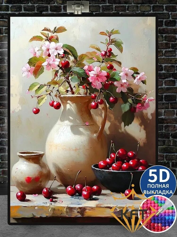 Алмазная мозаика "Цветущая вишня и цветы", 40x50 см, холст, 15 цветов