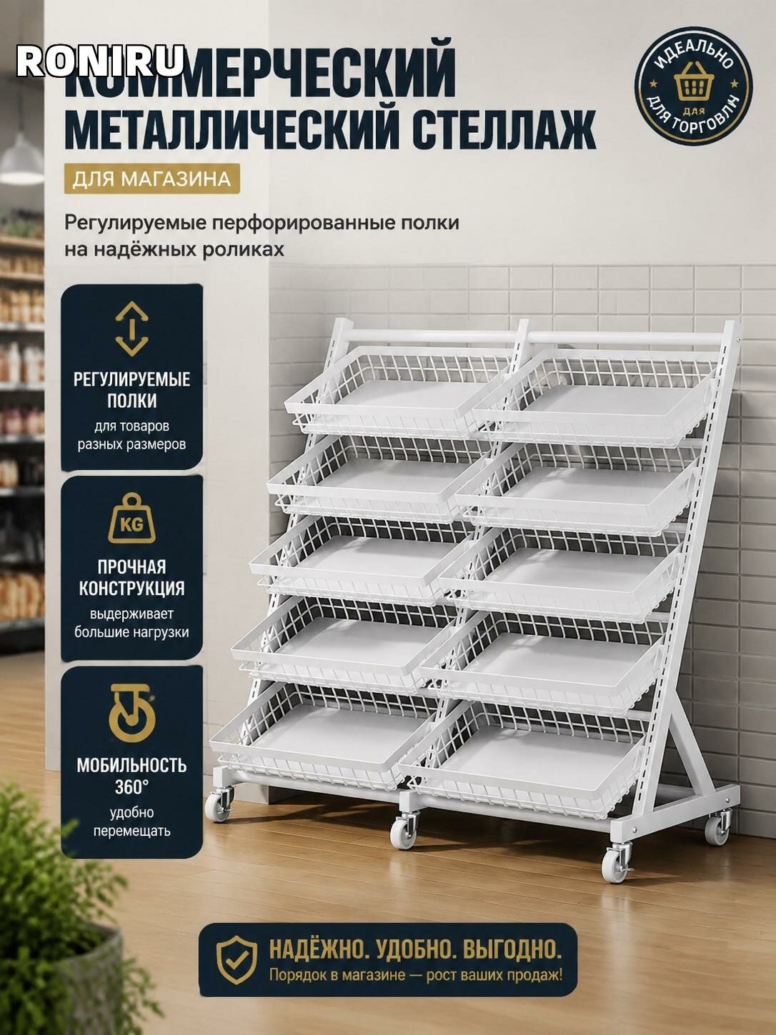 Коммерческий металлический стеллаж для магазина — регулируемые перфорированные полки, с роликами, черный/белый.