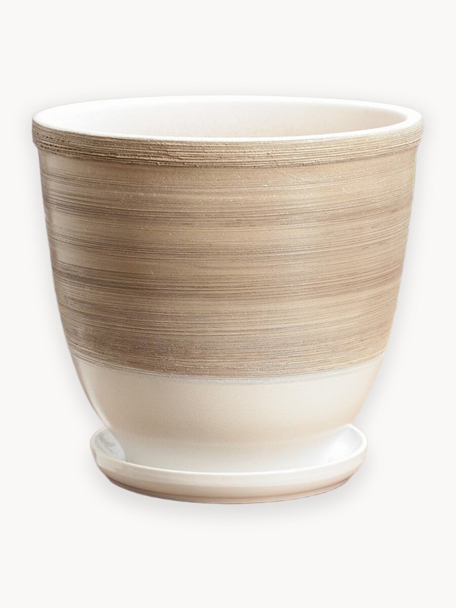 Горшок для цветов «Степь», керамический, с поддоном, 7.5 л, белый с бежевой полосой