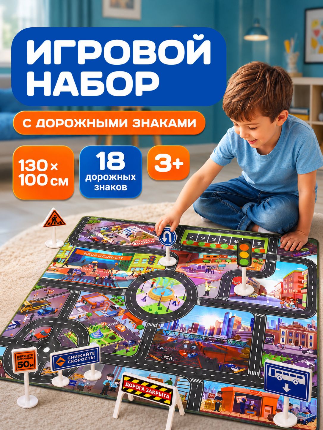 Коврик детский для ползания 130х100 см / Машинки для мальчиков / Набор машинок для мальчиков